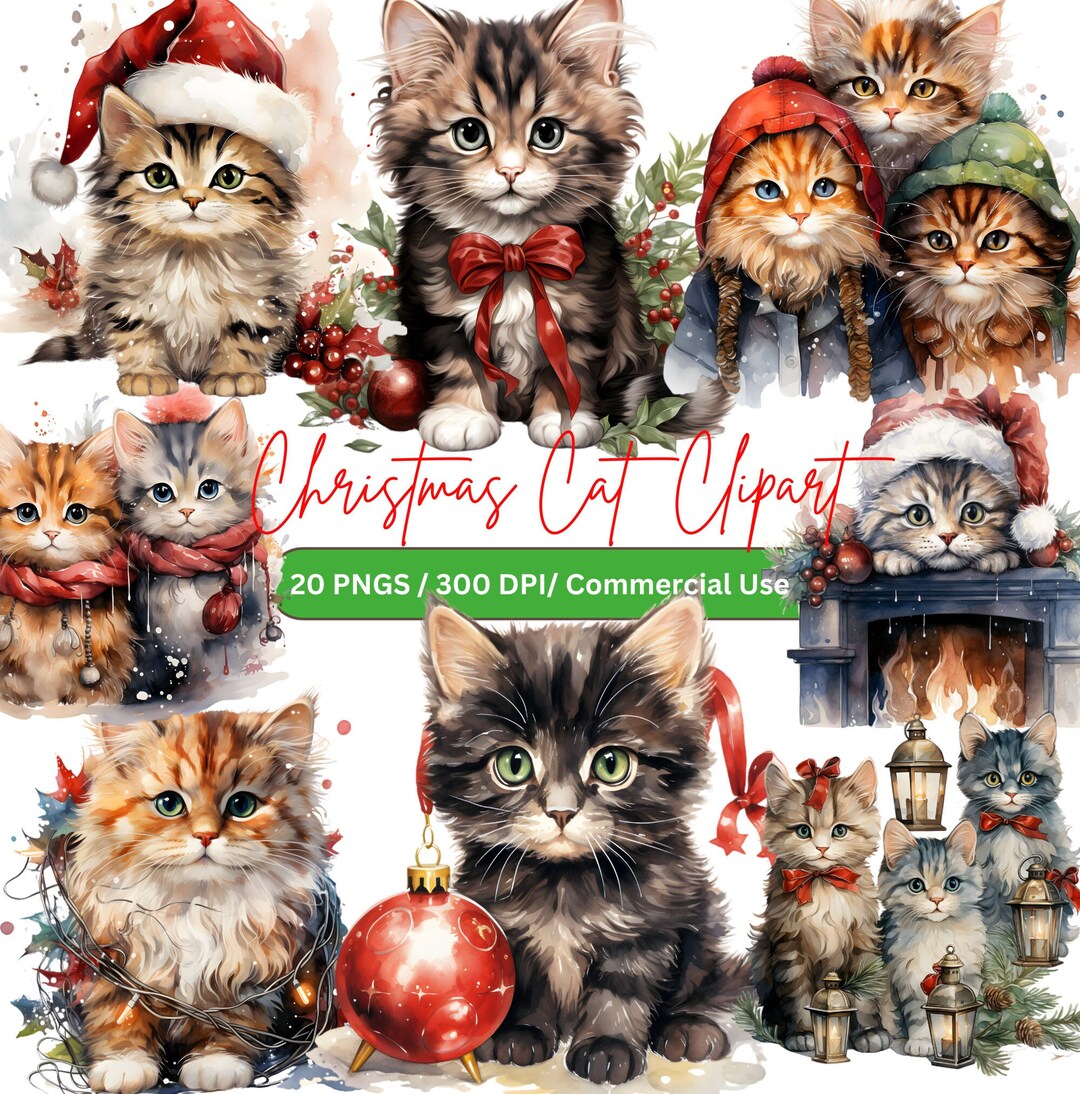 20 Christmas Cat Clipart,cute Christmas Cats,xmas Cat Gift, Kitten Png ...