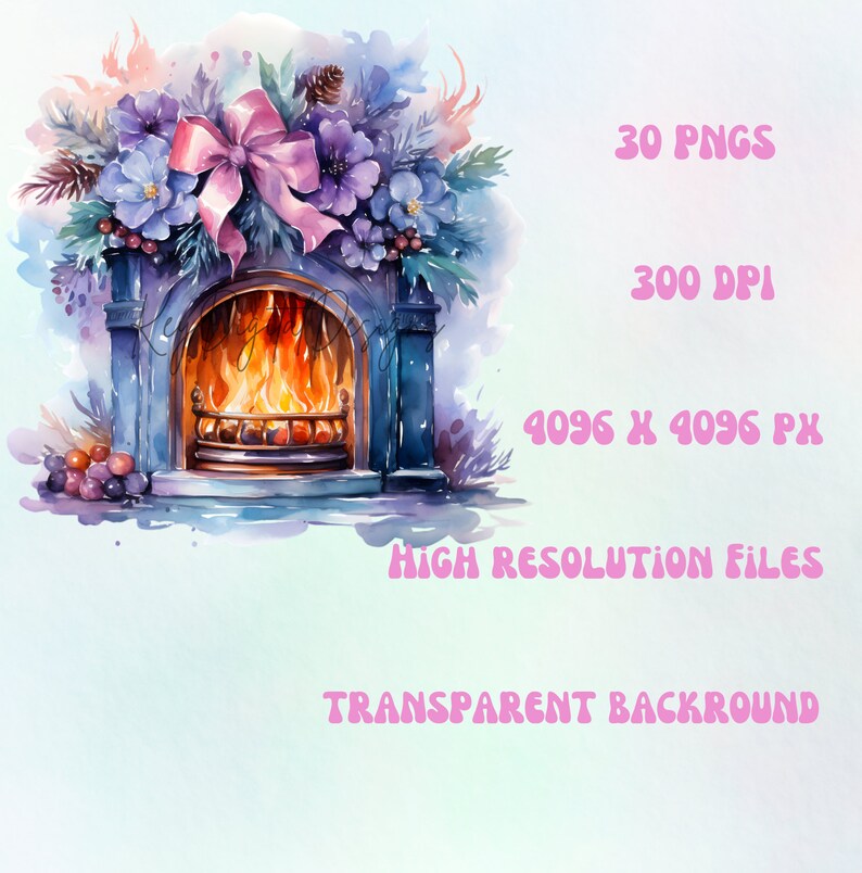 30 Pastel Christmas Fireplace Clipart, Christmas Card, Invitations, PNG ...