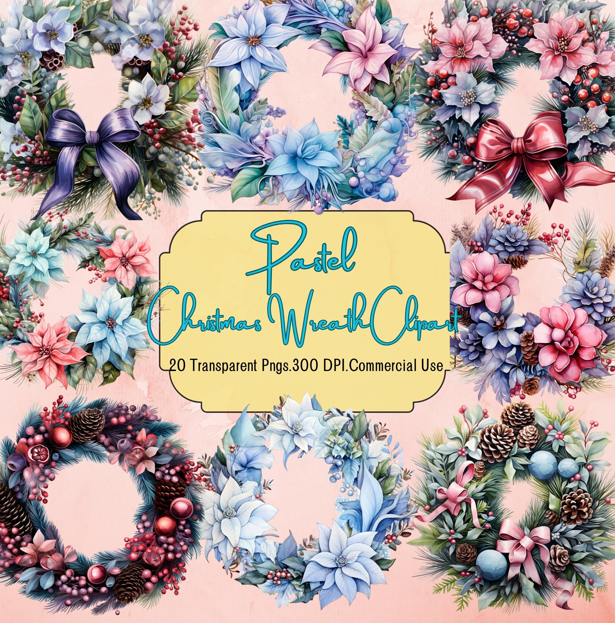 20 Pastel Christmas Wreath Clipart Bundle Pink Christmas Clipart ...