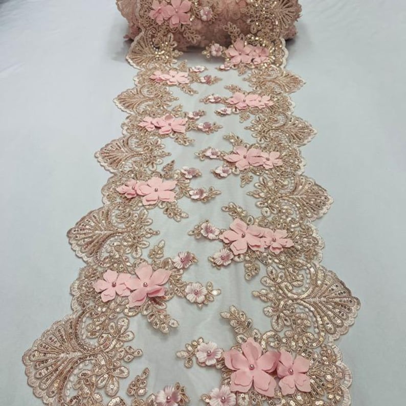 Blush Pink Beaded Lace Table Runner – 3D Floral Lace With Pearls ...