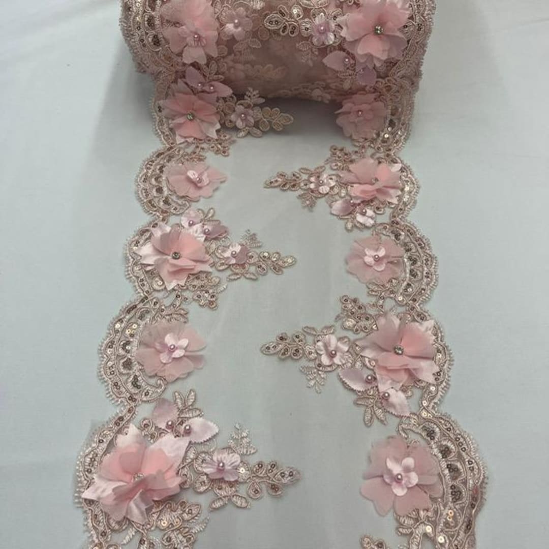 Blush Pink Beaded Lace Table Runner – 3D Floral Lace With Pearls ...