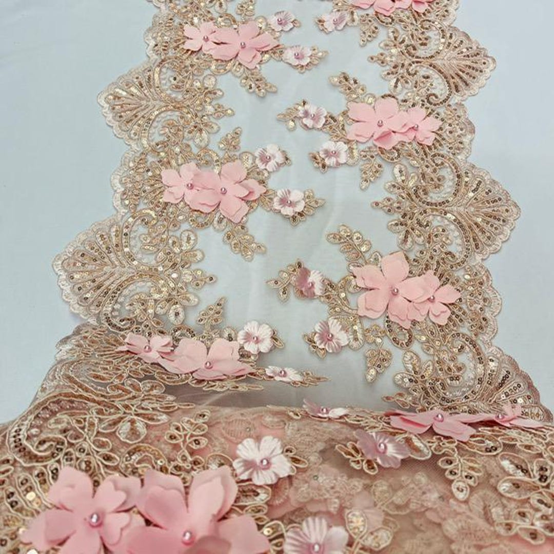 Blush Pink Beaded Lace Table Runner – 3D Floral Lace With Pearls ...