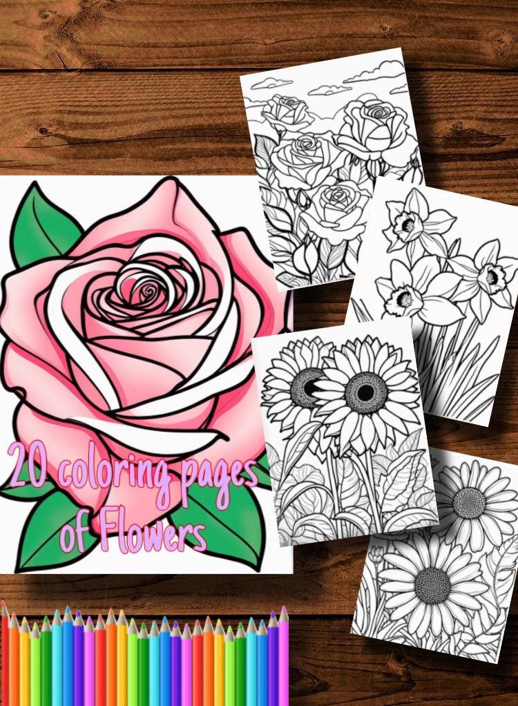 20 Coloring Pages of Flowers - Etsy