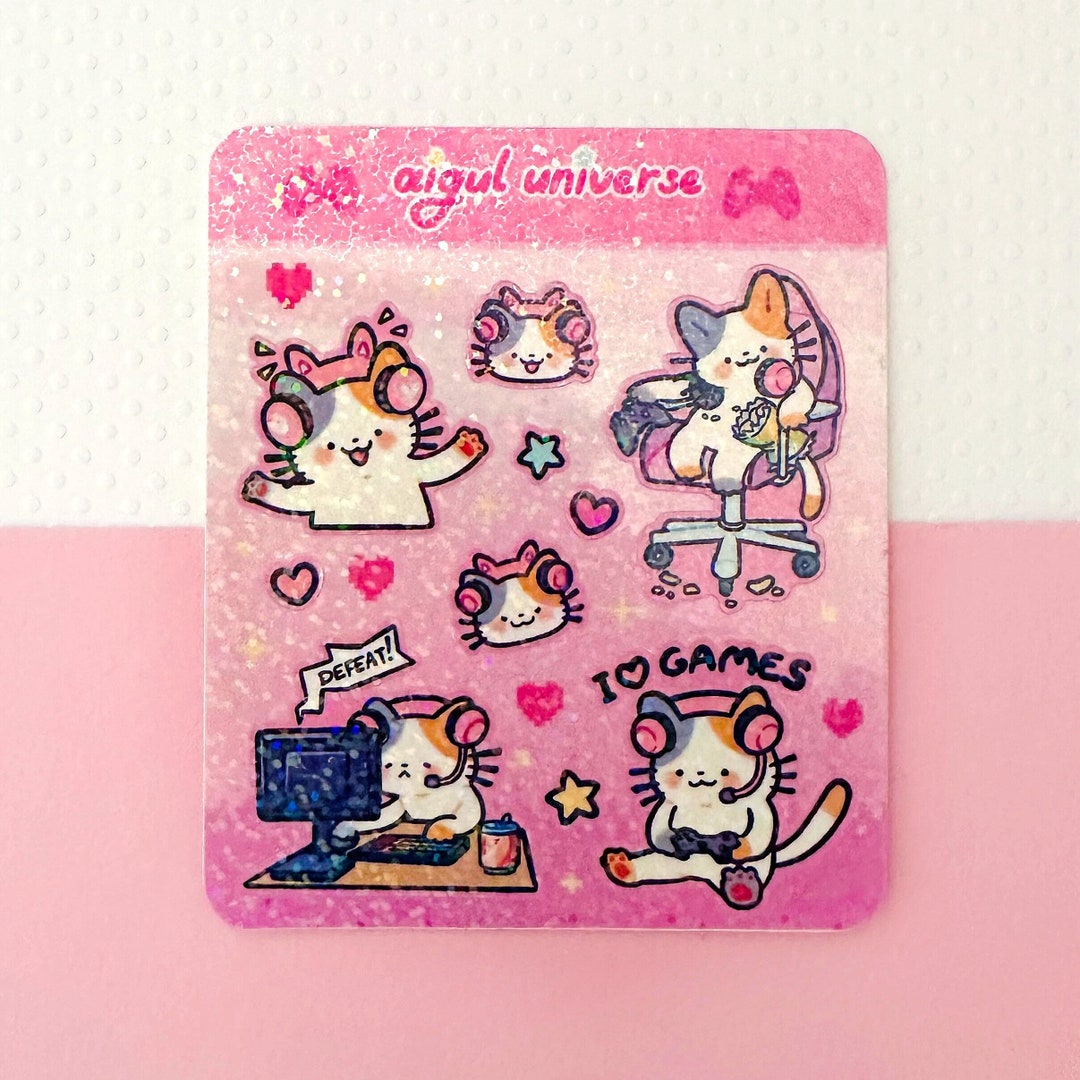Kawaii Gamer Cat Sticker Sheet: Holographic Vinyl Stickers - Etsy
