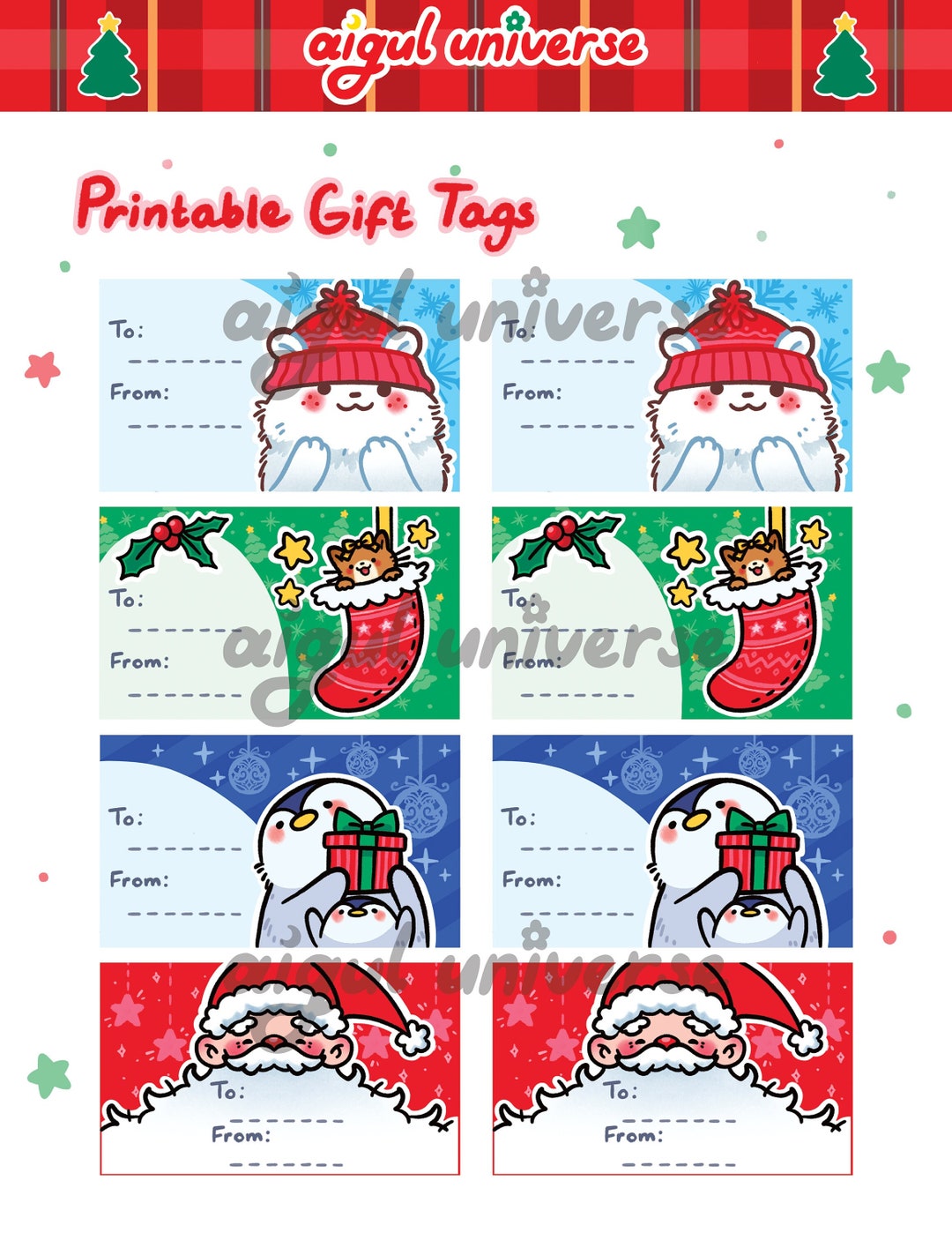 Cute Kawaii Christmas Printable Gift Tags Set of 8 PDF Instant Digital ...
