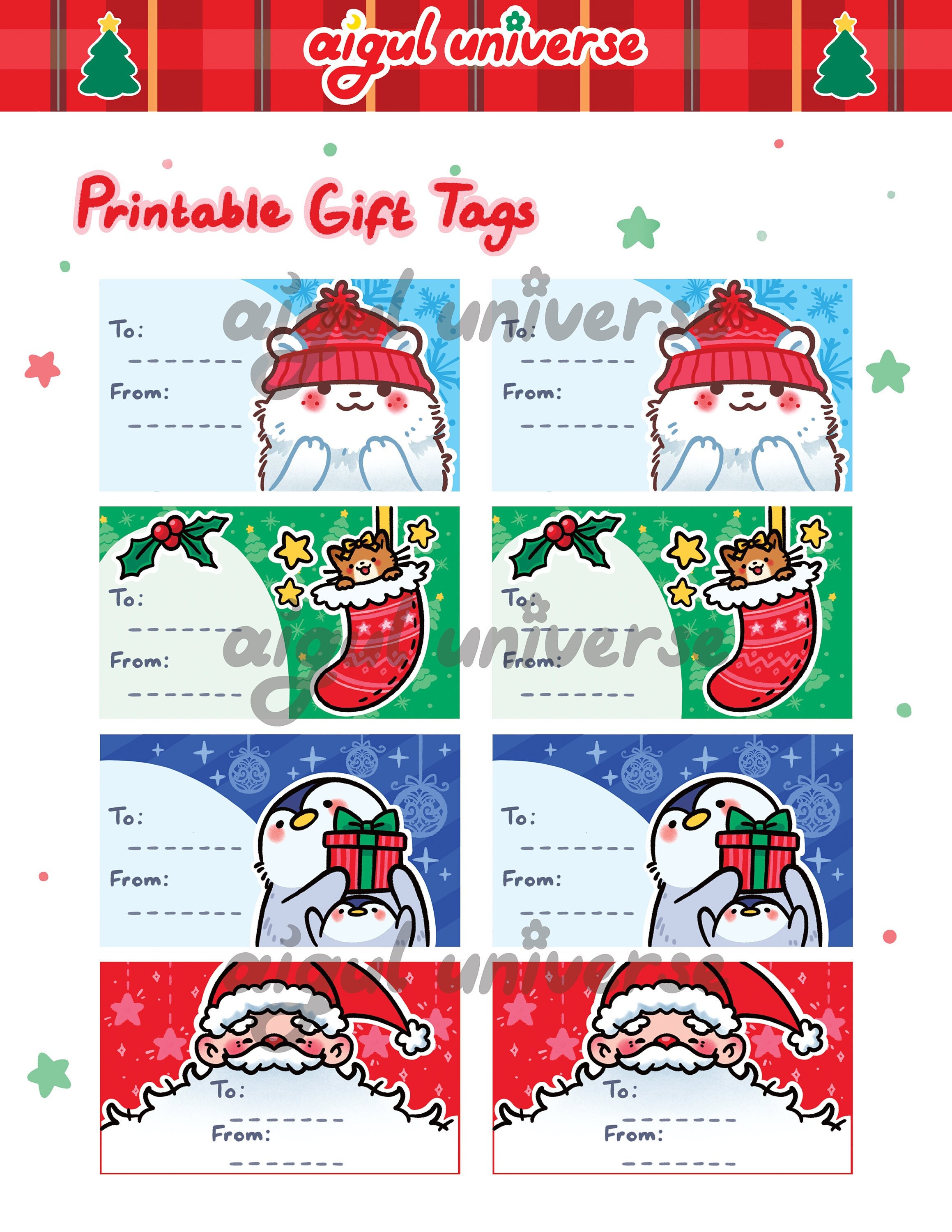 Cute Kawaii Christmas Printable Gift Tags Set of 8 PDF - Etsy