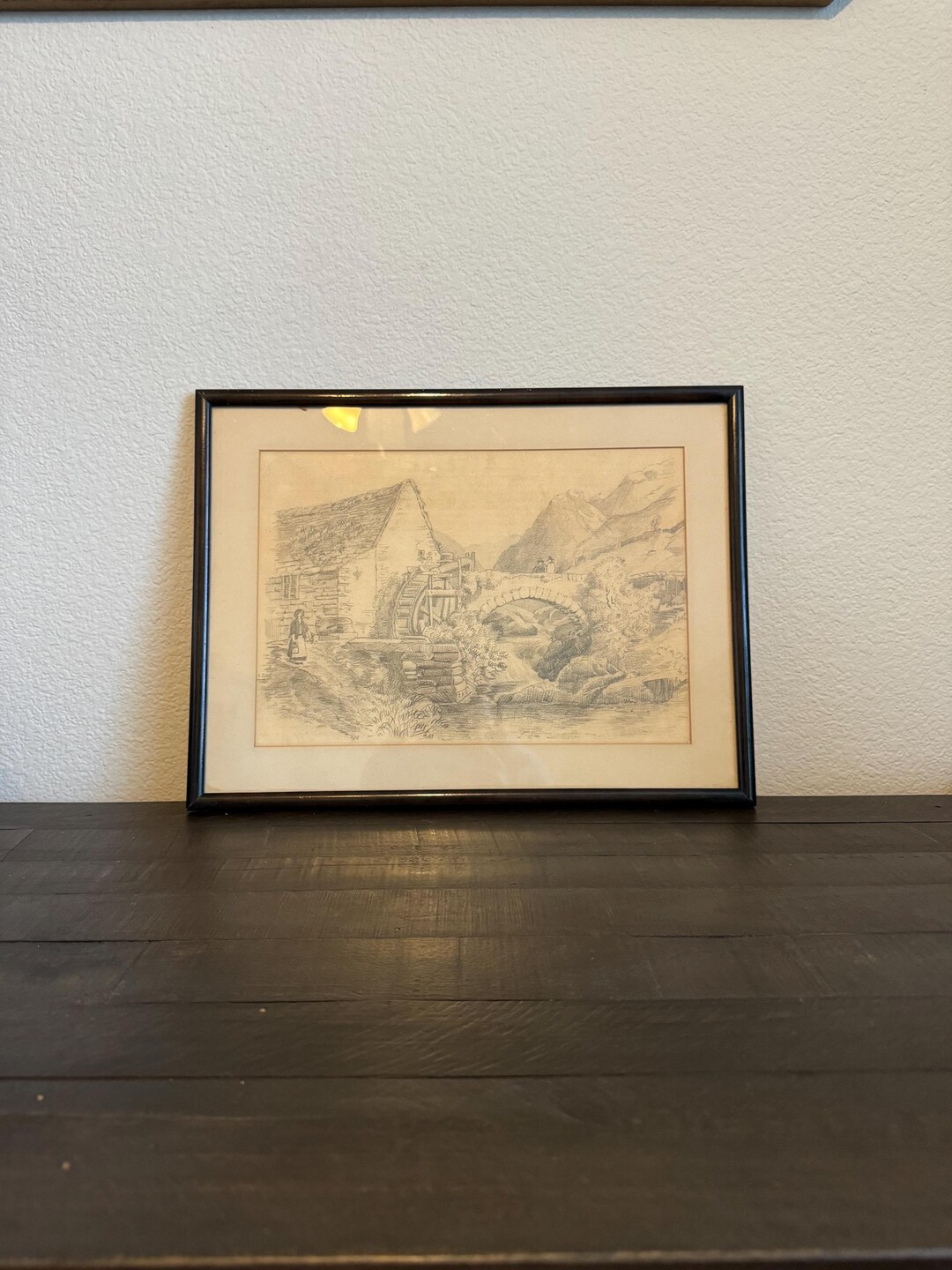 Vintage Drawing Old Water Mill & Bridge - Etsy