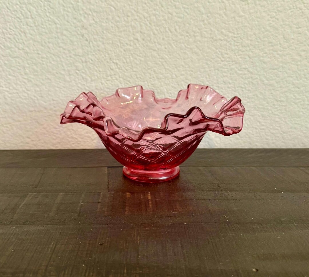 Vintage Cranberry Glass Ruffled Bowl - Etsy