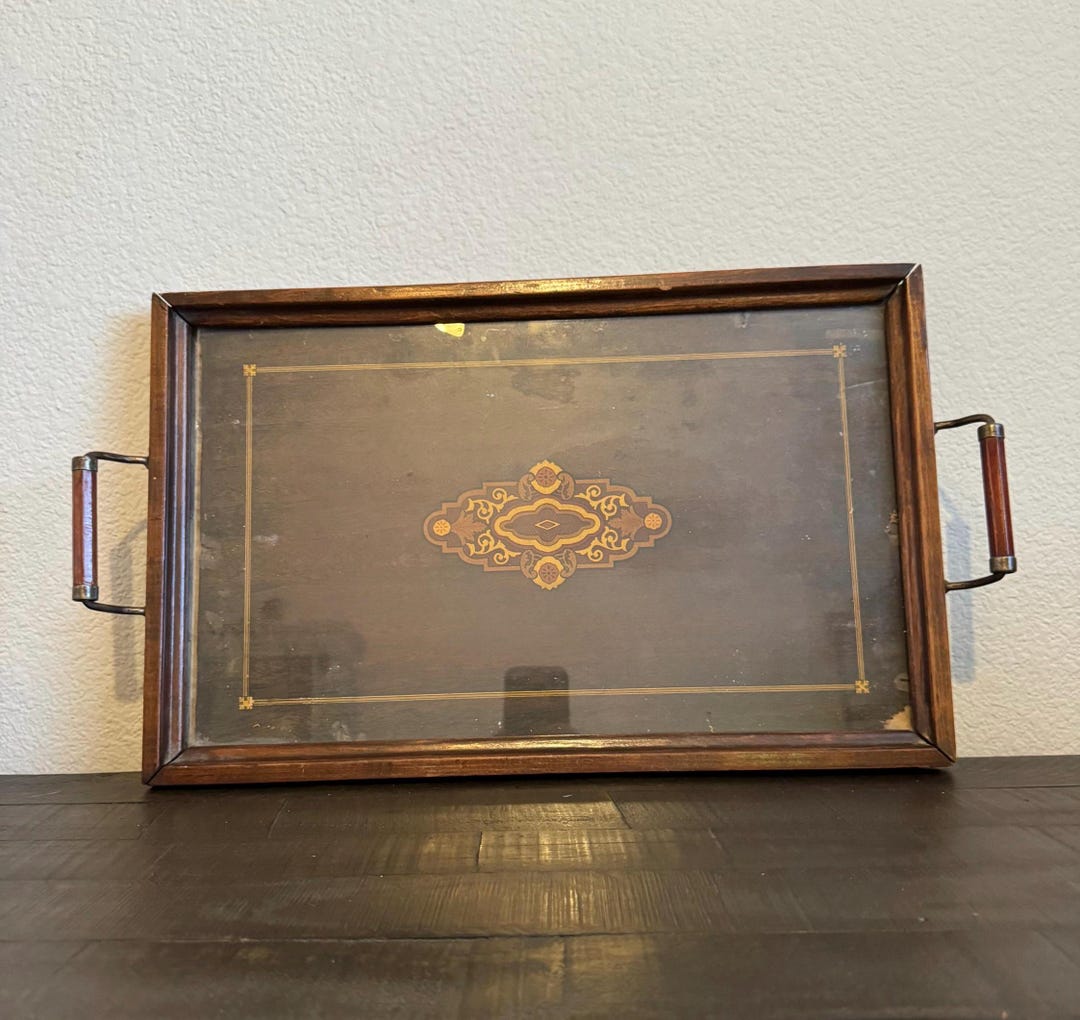 Antique Wood & Brass Ornate Tray With Glass Top - Etsy