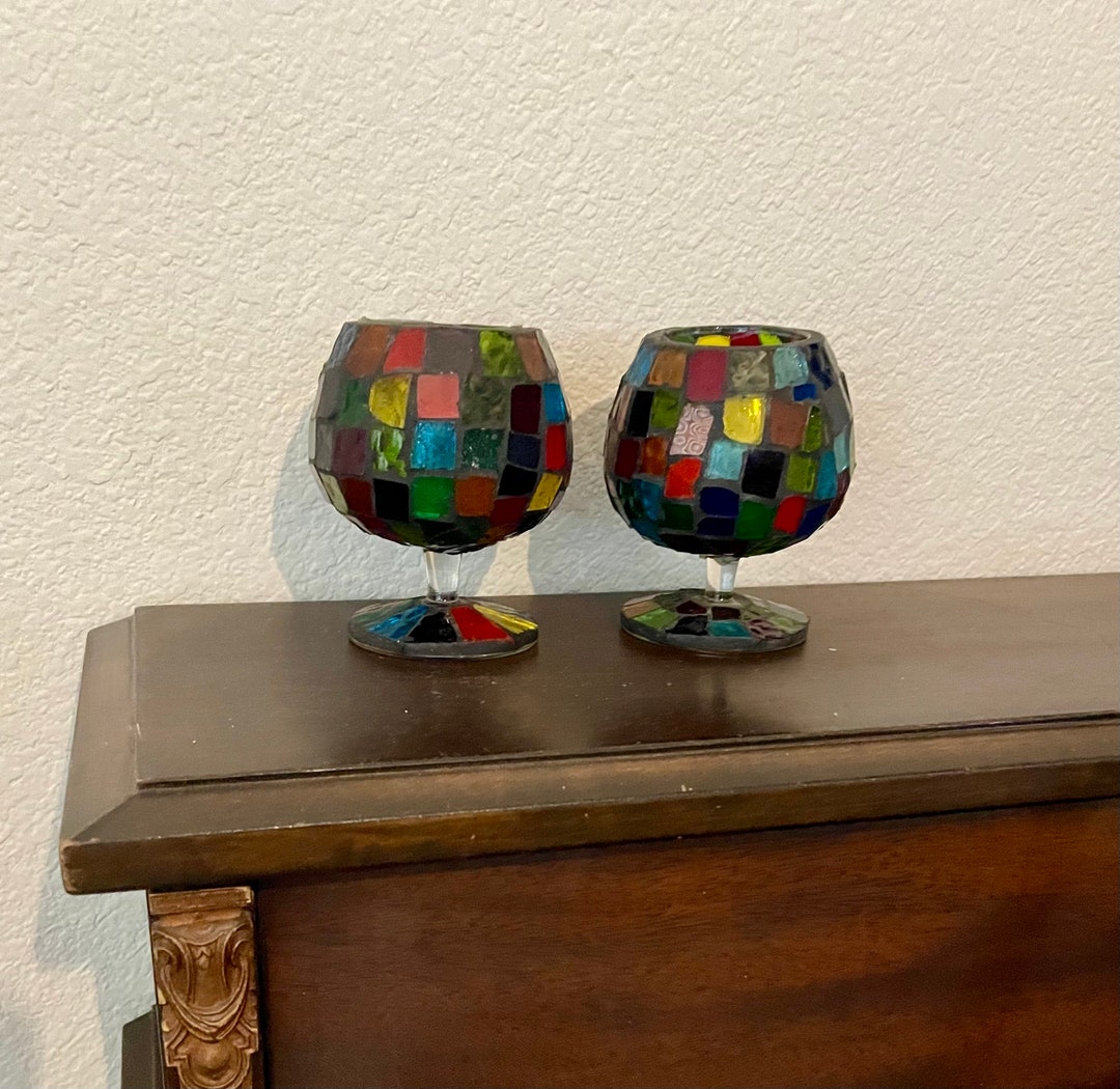 Vintage MCM Stained Glass Mosaic Goblet Candle Holders - Etsy