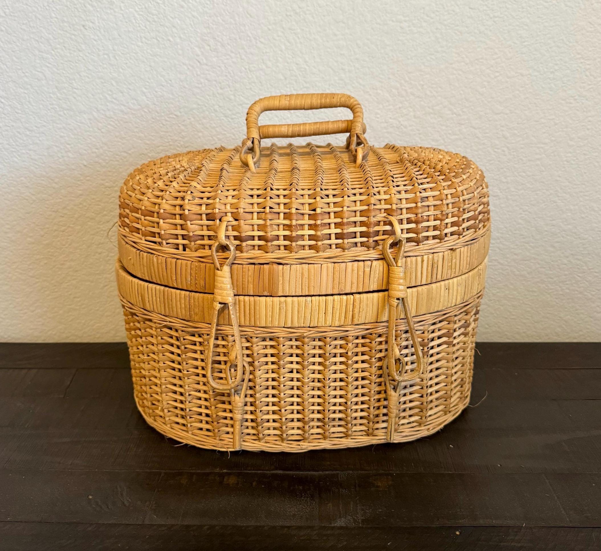 Vintage Wicker Picnic Storage Basket With Hinged Lid & Handles - Etsy
