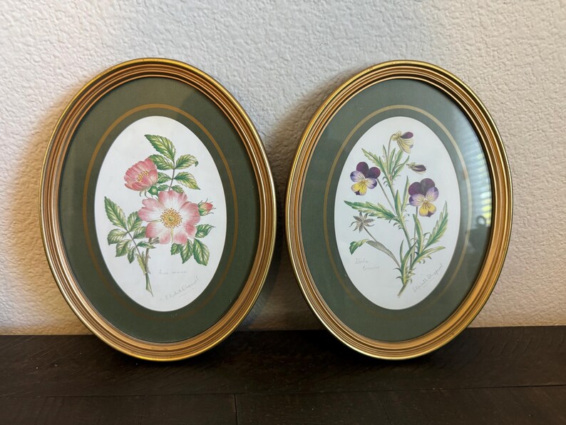 Vintage Elizabeth Sheppard Floral Oval Framed Art Great Britain Set of ...