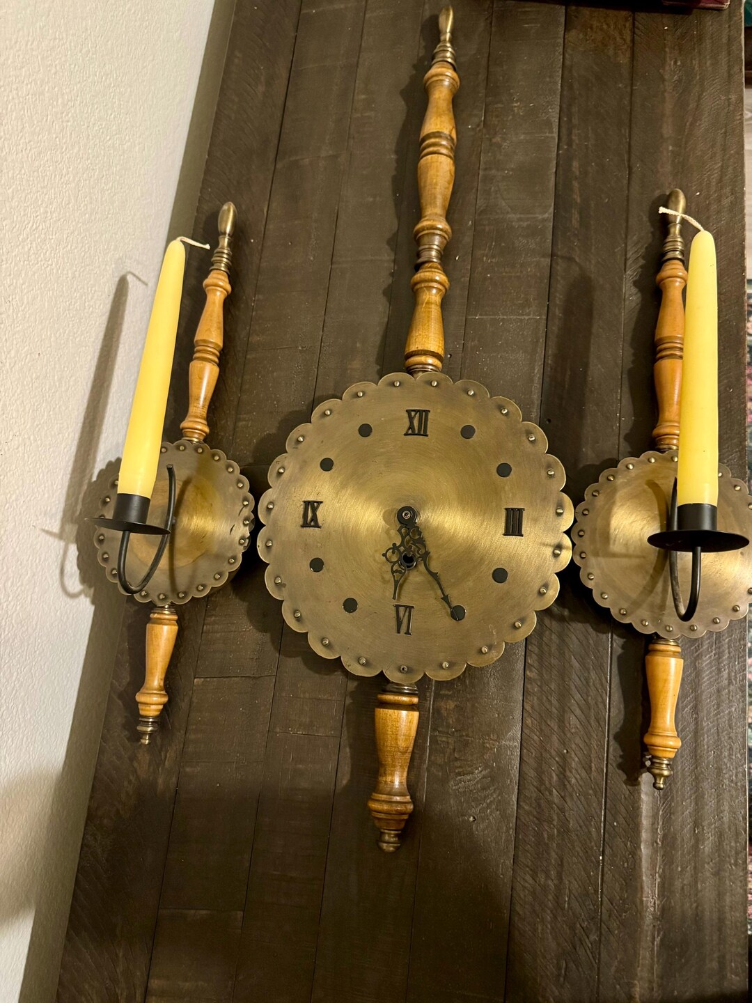 Vintage MCM Brass Wood Wall Clock Sconces - Etsy