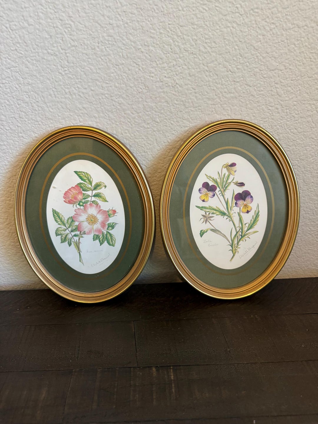 Vintage Elizabeth Sheppard Floral Oval Framed Art Great Britain Set of ...