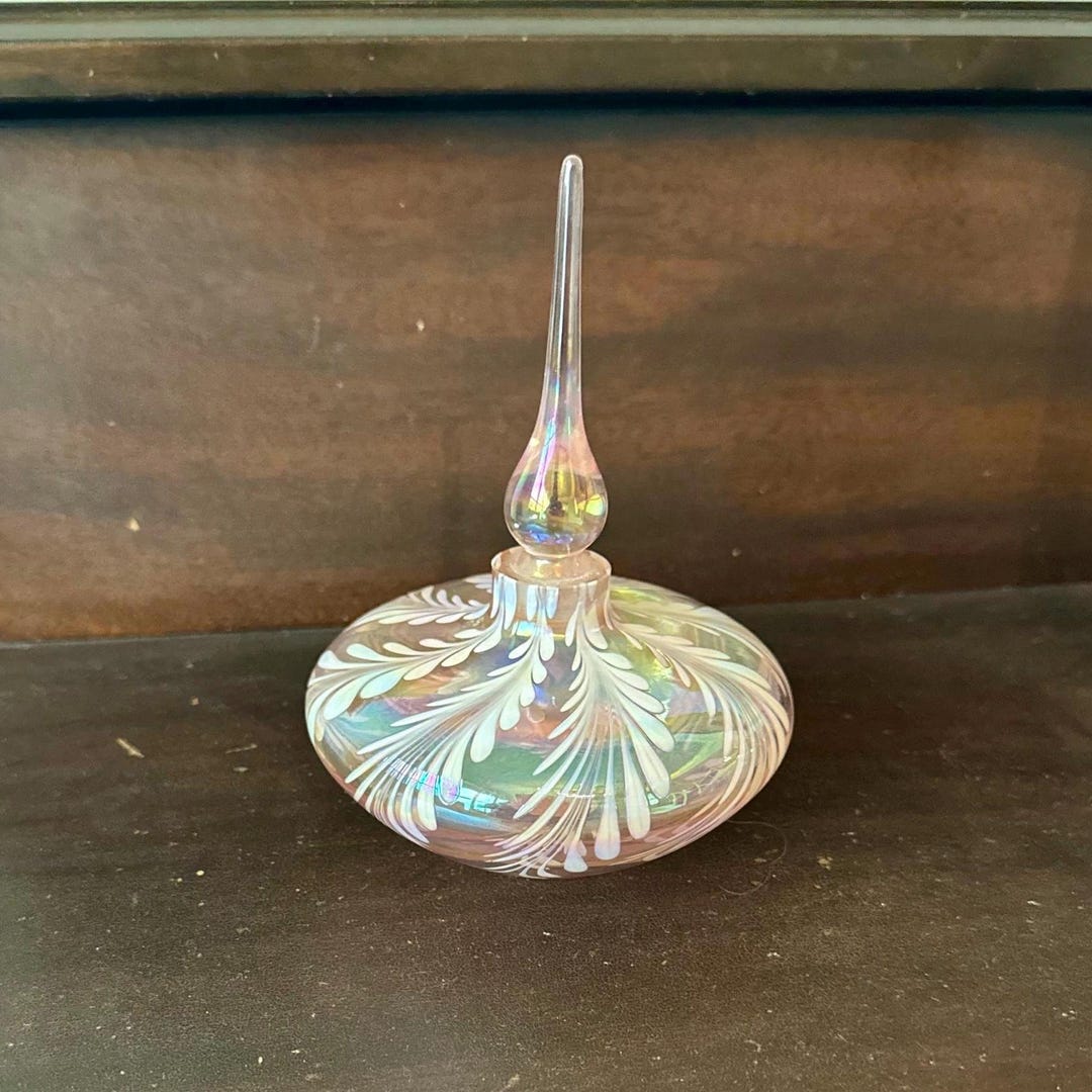 Vintage Pink Iridescent Pulled Feather Art Glass Perfume Bottle With ...
