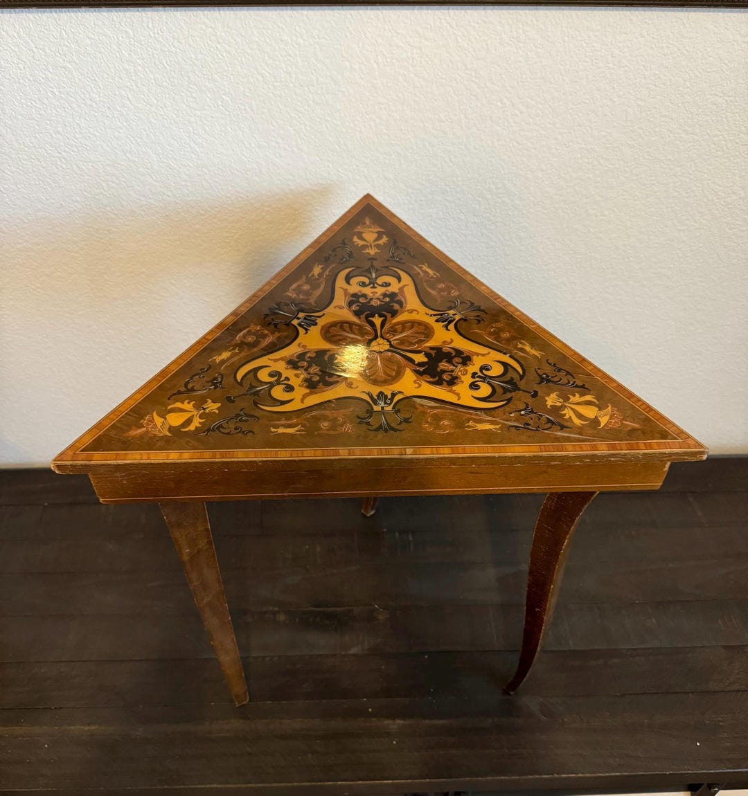 Vintage Reuge Swiss Musical Jewelery Box Triangular Inlaid Wood Side ...