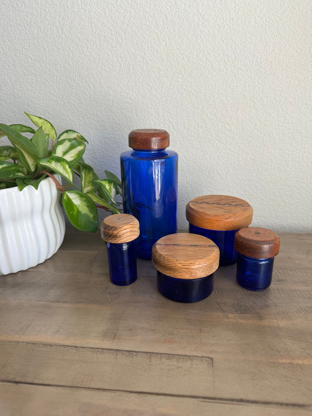 Vintage Cobalt Blue Glass Jars With Wooden Lids set of 5 - Etsy