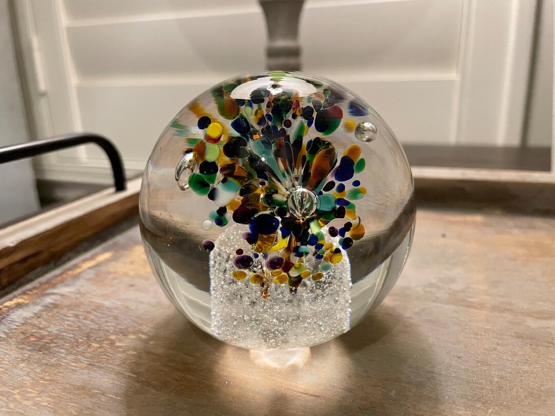 Art Glass Paperweight Controlled Bubbles Floral Round Signed. - Etsy