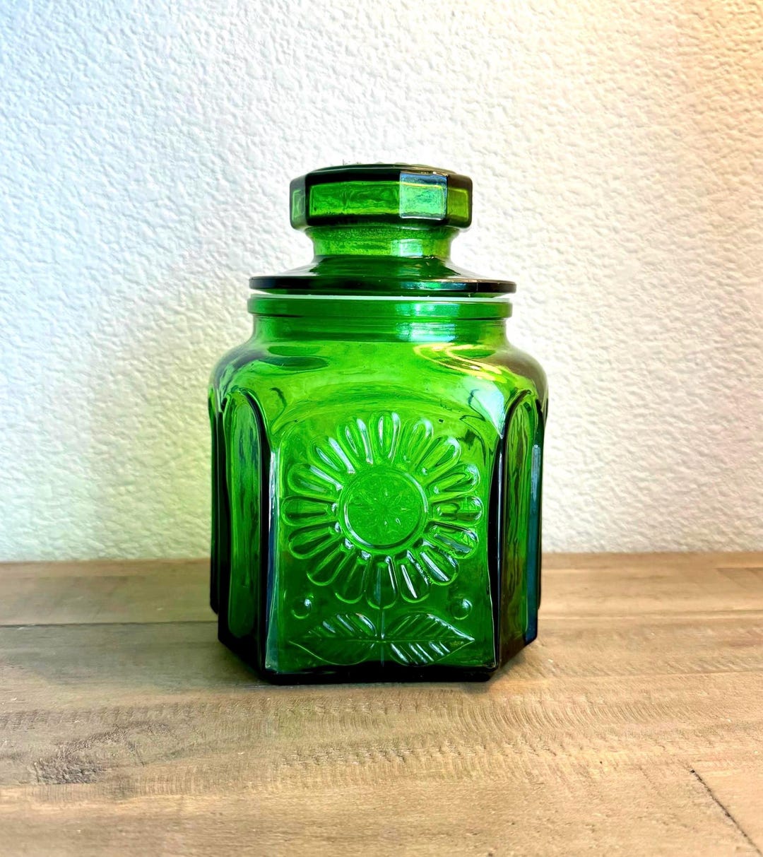 Vintage Wheaton Green Glass Jar Daisy Sunflower - Etsy