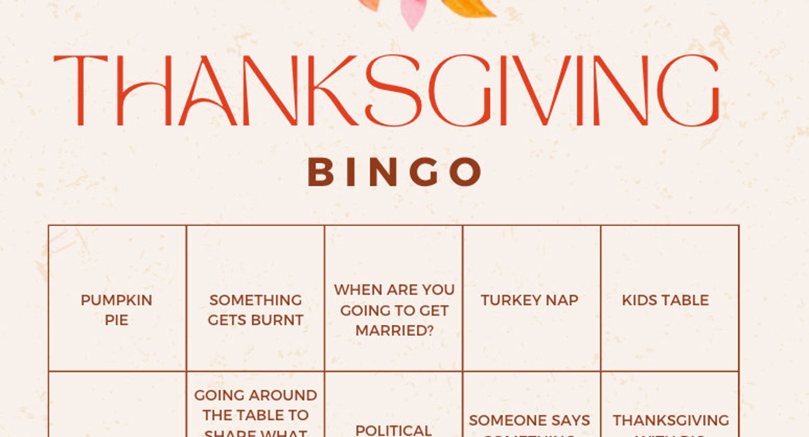 Custom Thanksgiving Bingo Card-single Card - Etsy