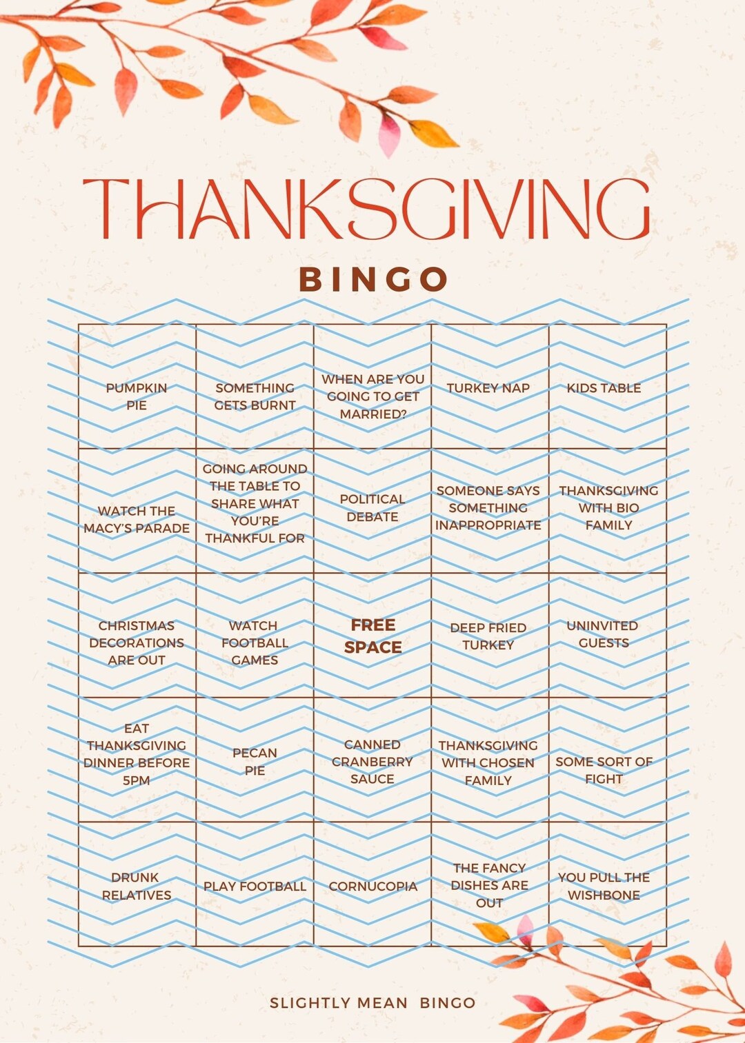Custom Thanksgiving Bingo Card-single Card - Etsy