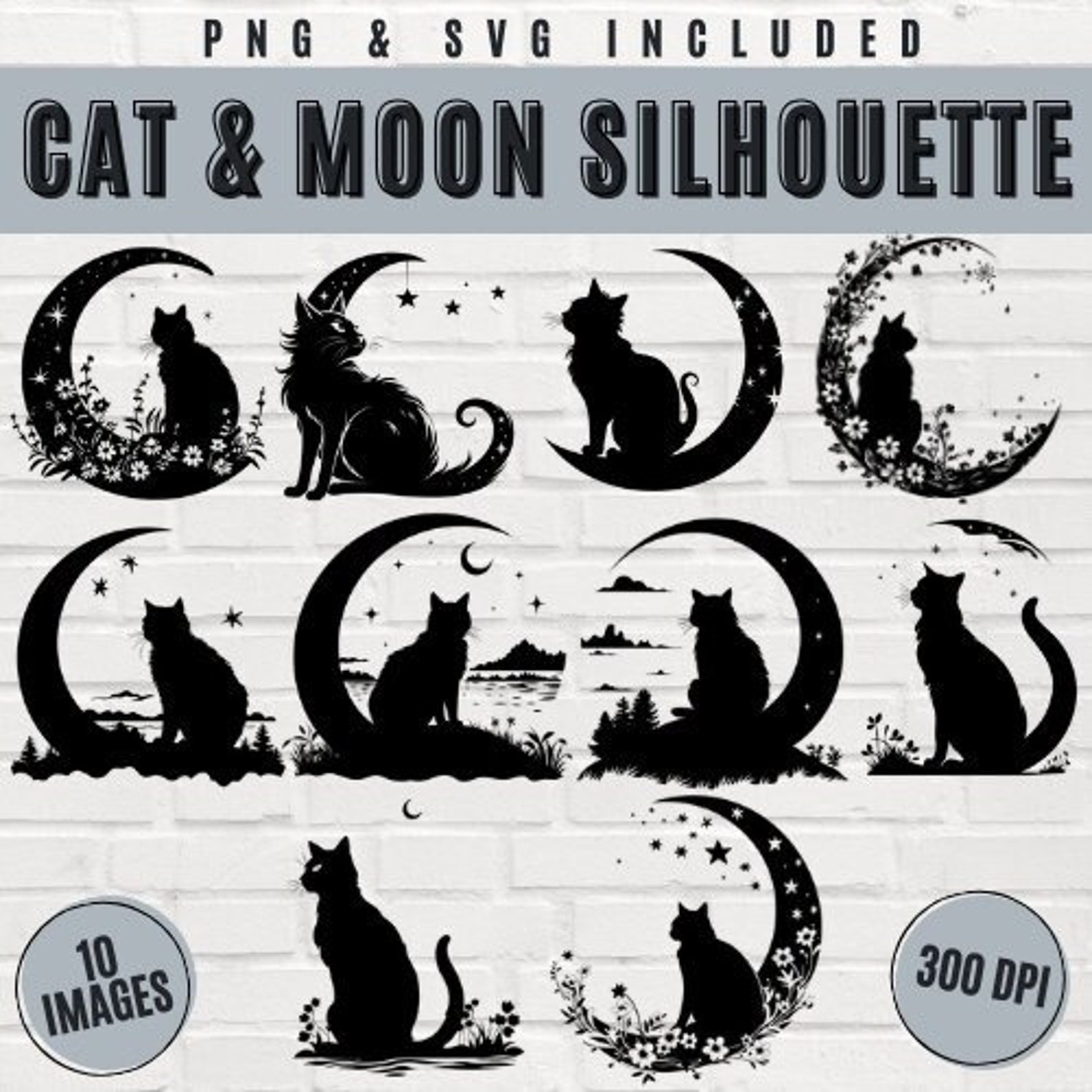 Cat Silhouette Svg, Cat Moon Svg, Cat Clipart, Cat Cut File, Black Cat ...