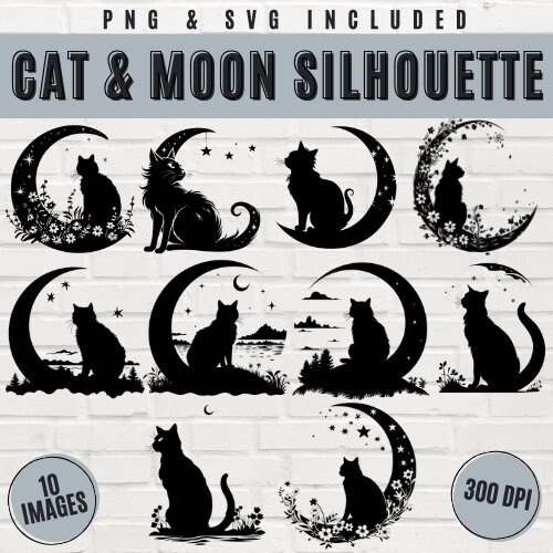 Cat Silhouette Svg, Cat Moon Svg, Cat Clipart, Cat Cut File, Black Cat ...