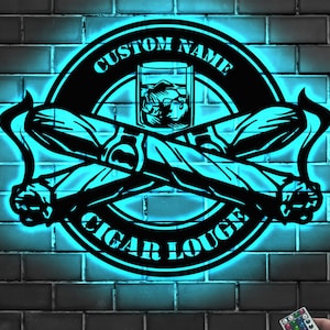 Custom Cigar Lounge Metal Wall Art LED Light Personalized Smoking Cigar ...