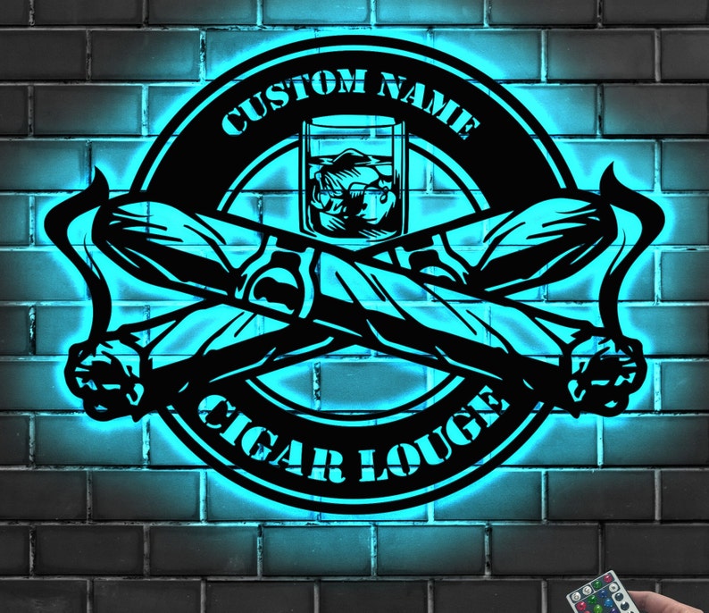 Custom Cigar Lounge Metal Wall Art LED Light Personalized Smoking Cigar ...