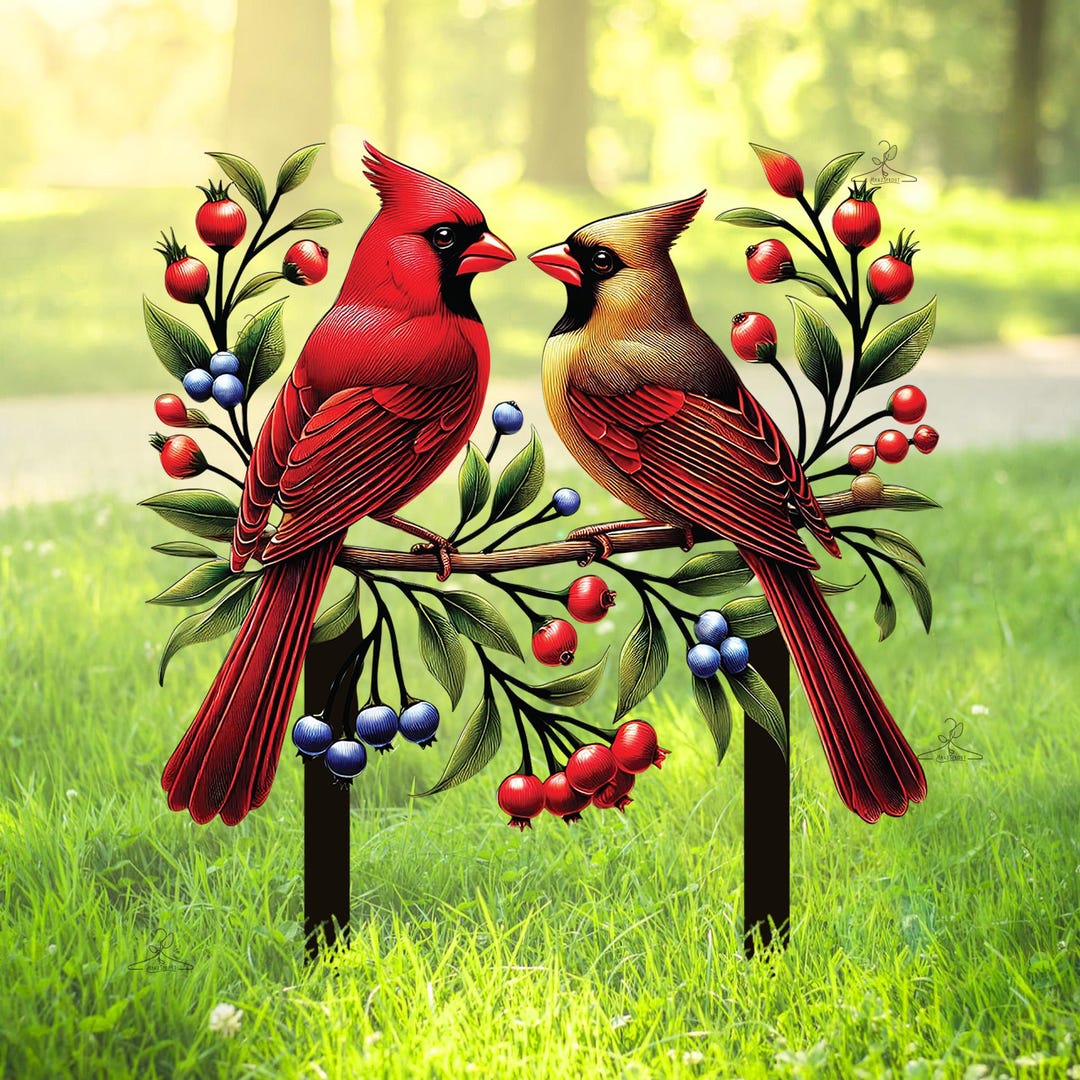 Cardinal Birds Garden Stake, Metal Bird Yard Art, Couple Cardinal Decor ...
