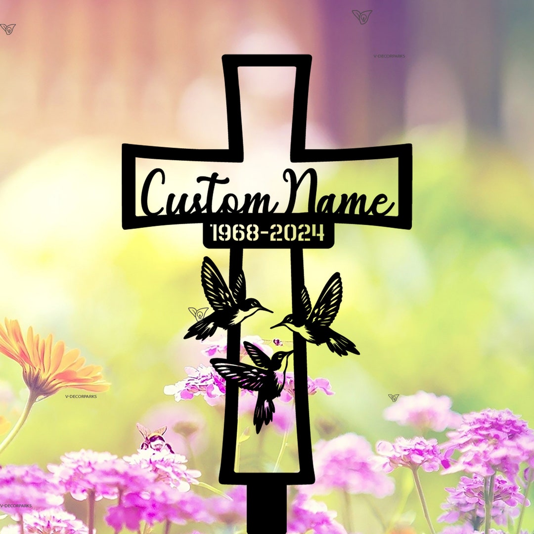 Personalized Memorial Cross Metal Stake, Hummingbird Memorial Cross ...