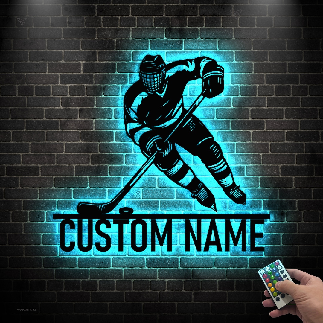 Personalized Hockey Metal Wall Art LED Light, Hockey Player Name Sign ...