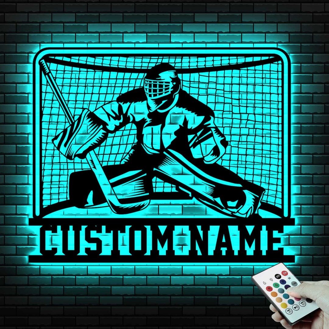 Hockey Goalie Metal Sign With LED Lights, Hockey Player Neon Sign Wall ...