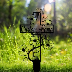 Cross Memorial Metal Stake Custom, Sympathy Grave Stake, Floral Cross ...