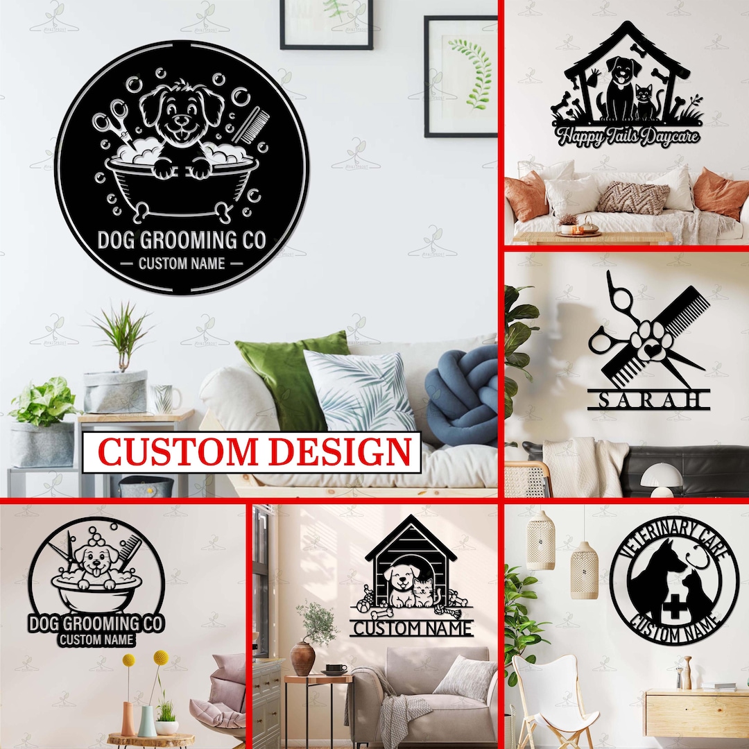 Dog Grooming Wall Sign, Pet Salon Metal Logo, Dog Bath Illustration ...