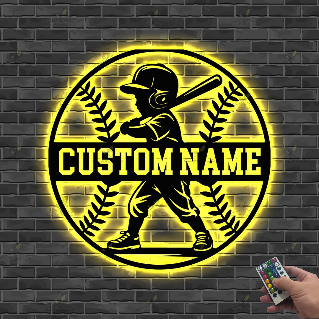 Custom Name Kids Baseball Batter Metal Sign With LED Light, Sports Wall ...