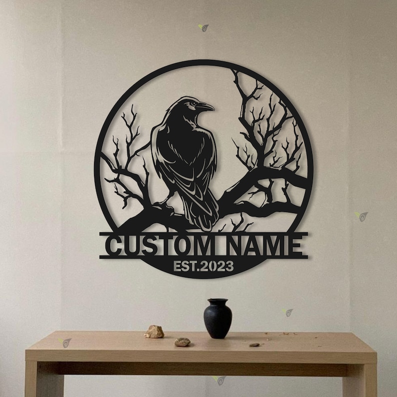 Personalized Raven Metal Wall Art With LED Light, Custom Crow Moon Name ...