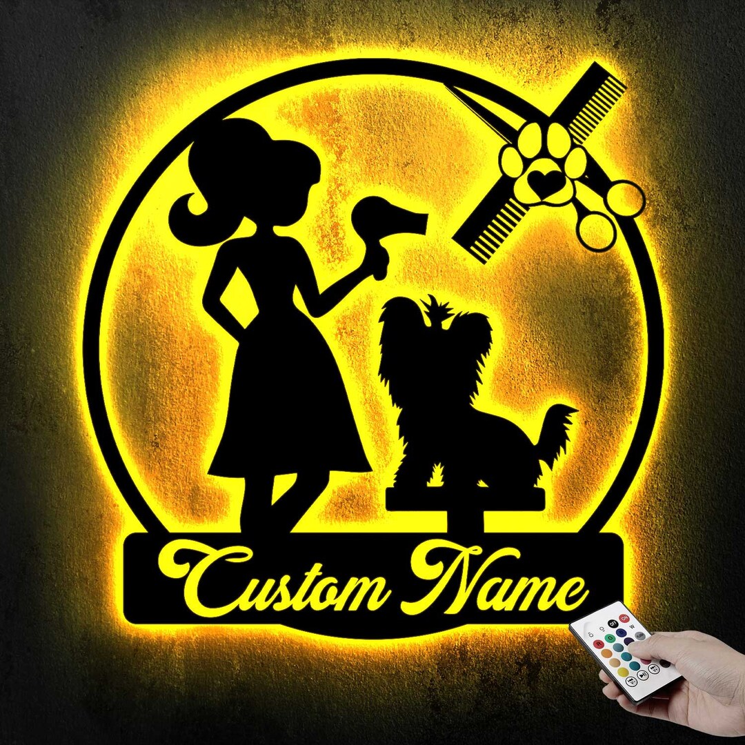 Personalized Dog Grooming Hair Salon Metal Wall Art LED Light, Custom ...