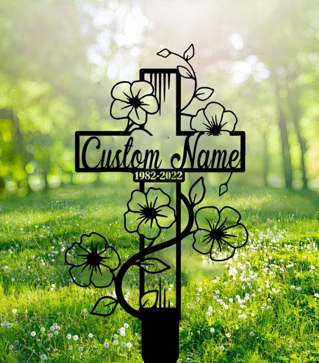 Cross Memorial Metal Stake Custom, Sympathy Grave Stake, Floral Cross ...