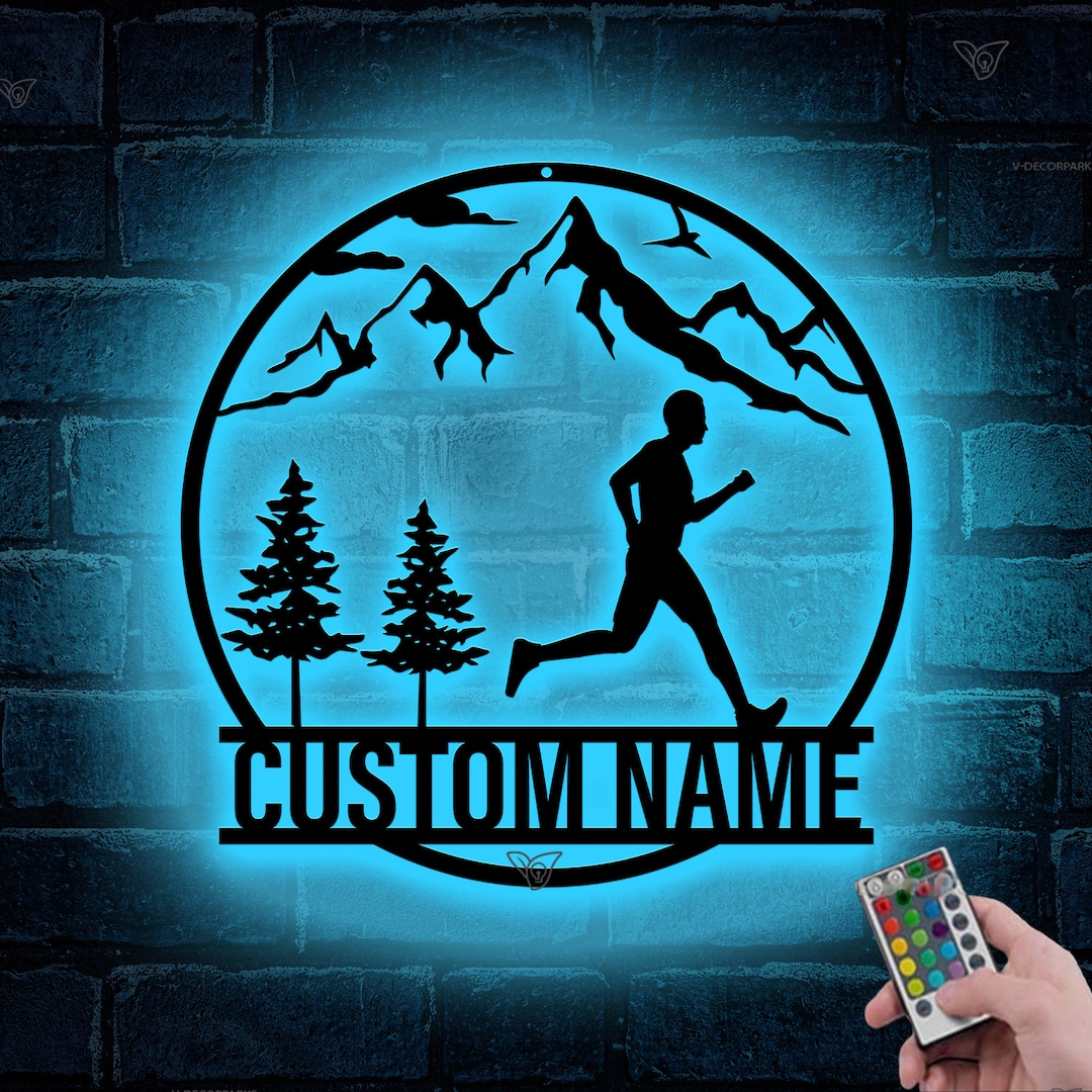 Personalized Man Trail Running Metal Wall Art LED Light, Custom Runner ...