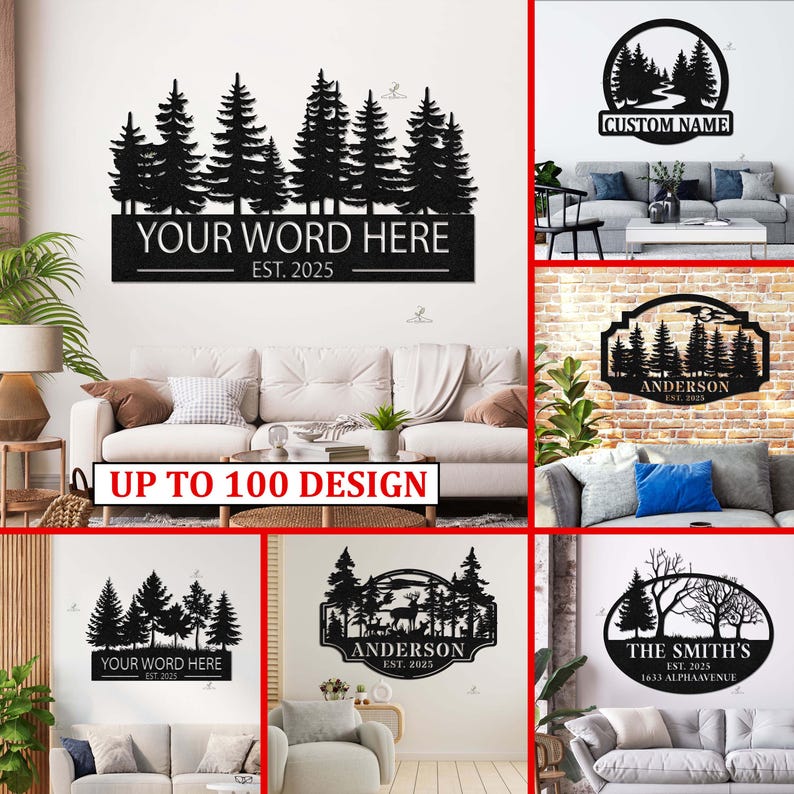 Custom Family Name Plaque, Personalized Forest Metal Sign, Cabin Decor ...