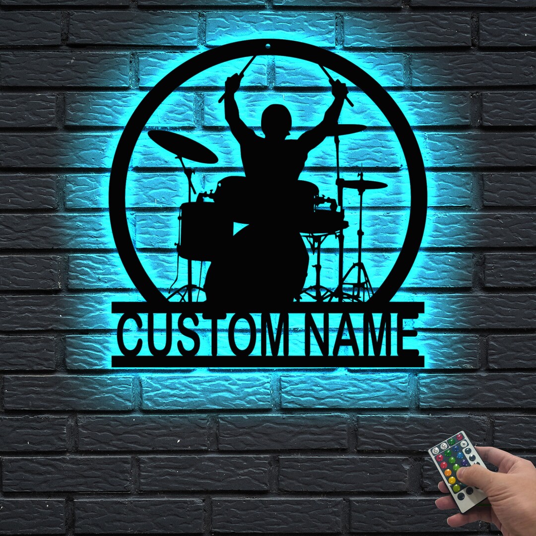 Drummer Metal Wall Art With Led Lights, Custom Drummer Name Sign ...