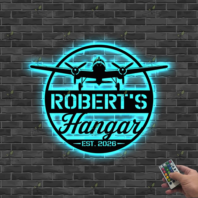 Personalized Airplane Hangar Metal Sign, Custom Aviation LED Wall Decor ...