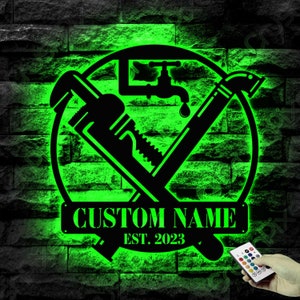 Custom Plumbing Metal Wall Art LED Light, Personalized Plumber Name ...