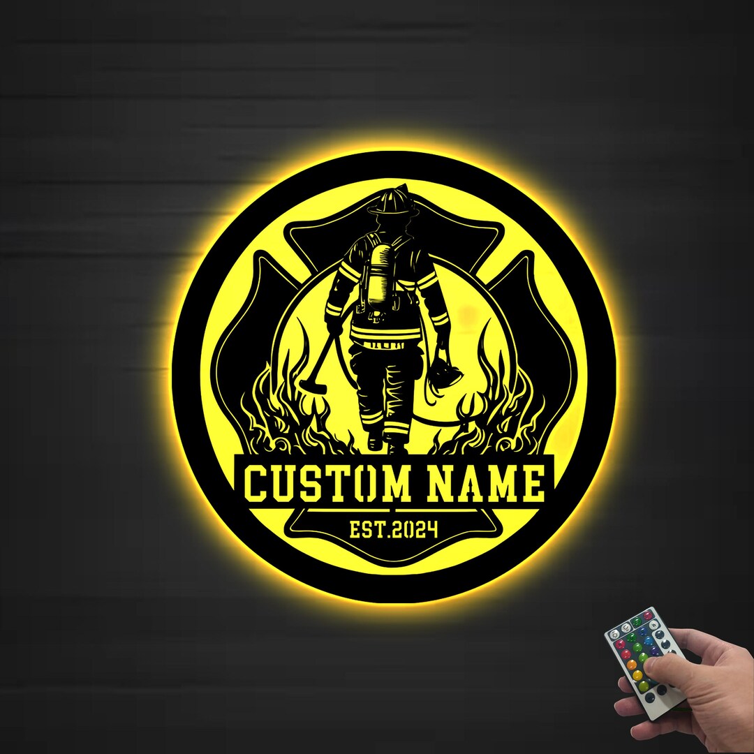 Personalized Fireman Metal Sign LED, Fireman Wall Art, Fireman Gift ...