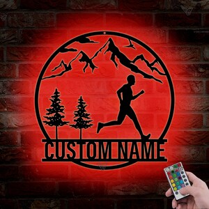 Personalized Man Trail Running Metal Wall Art LED Light, Custom Runner ...