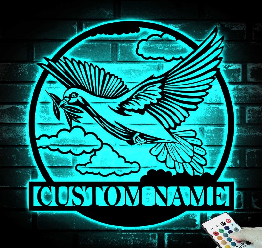 Personalized Pigeon Peace Bird Metal Wall Art LED Light, Custom Dove ...