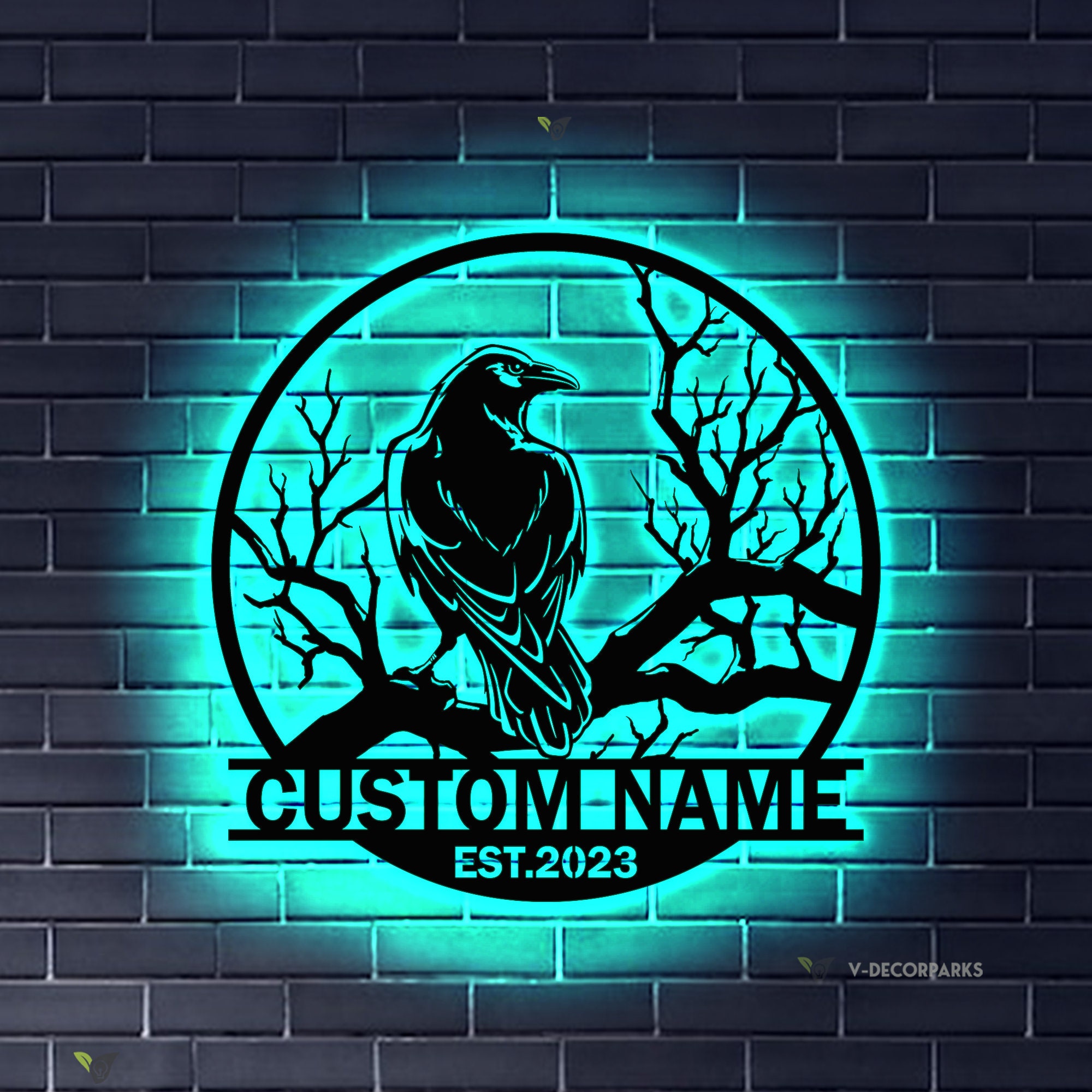 Personalized Raven Metal Wall Art With LED Light, Custom Crow Moon Name ...