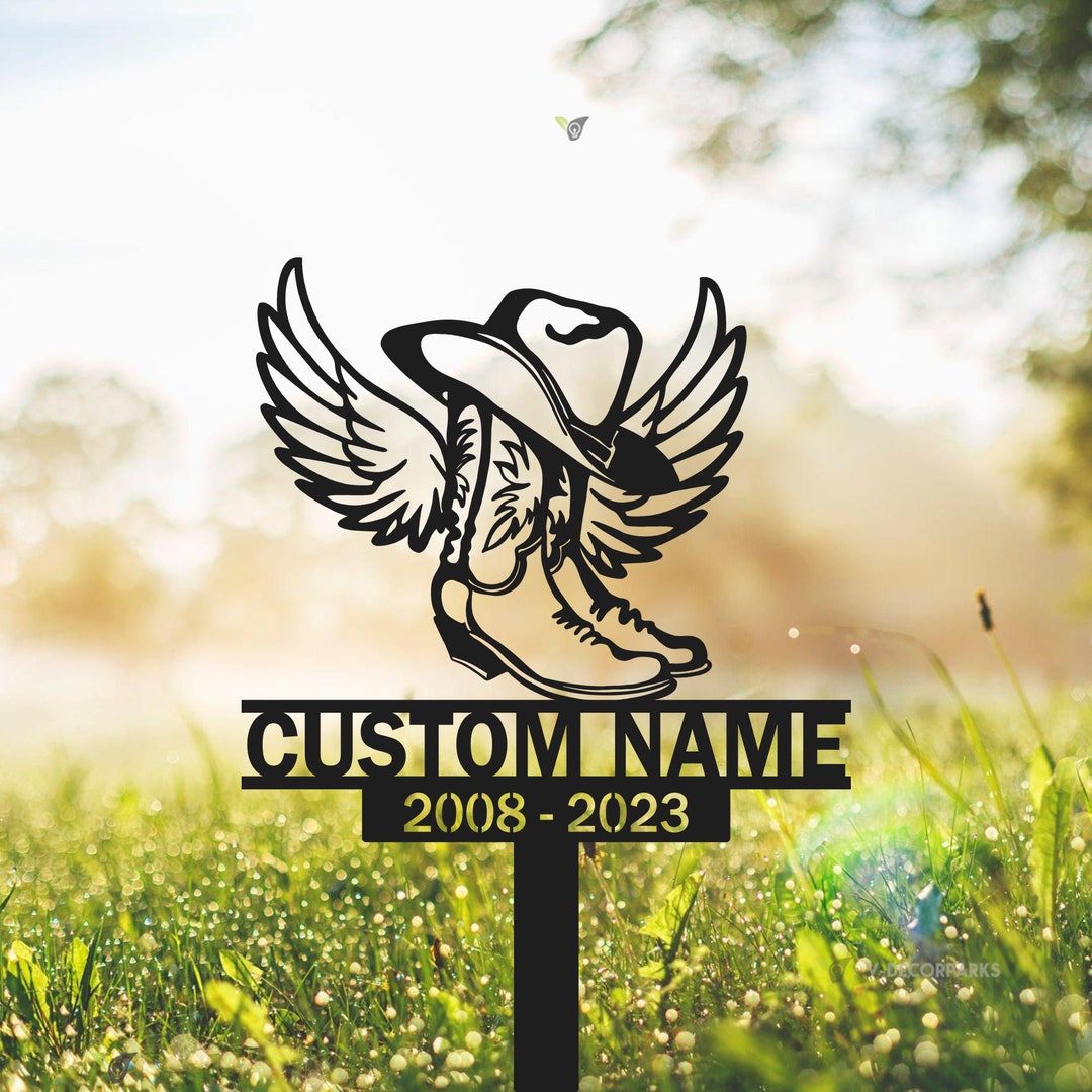 Custom Name Cowboy Memorial Stake, Cowboy Boot Hat With Wings, Cowboy ...