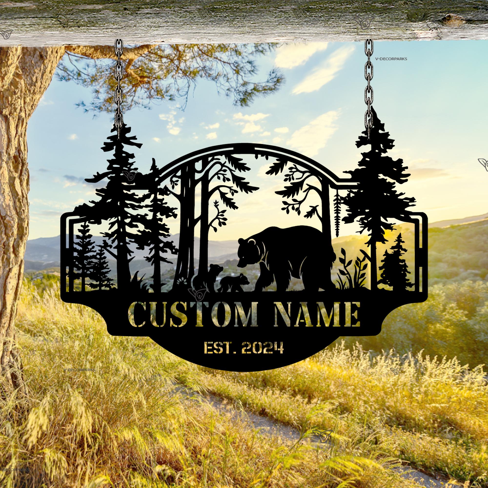 Bear Metal Sign Personalized, Bear in Woods Cabin Sign, Last Name Signs ...